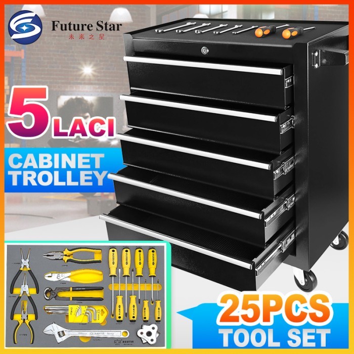 Jual Tool Box Cabinet Trolley 5 Drawer Susun Laci +25pcs Tool Kit Set ...
