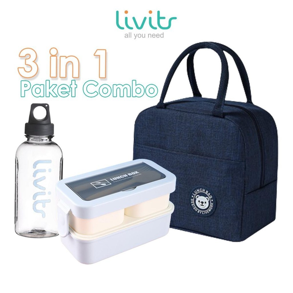 Jual Livits Lunch Box 3 in 1 Set I Paket Lunch Box 2 Susun 1250ml Kotak Bekal Bento Anti Tumpah ...