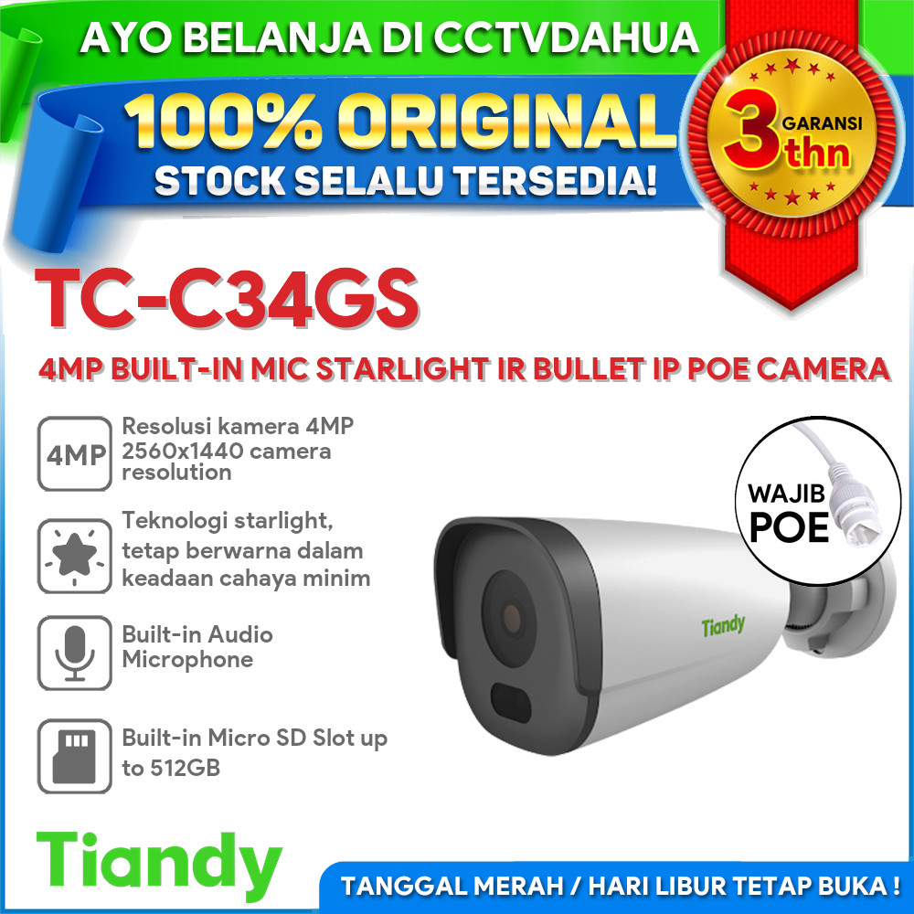 Jual TIANDY TC-C34GS 4MP BUILT-IN MIC STARLIGHT IR BULLET IP POE CAMERA ...