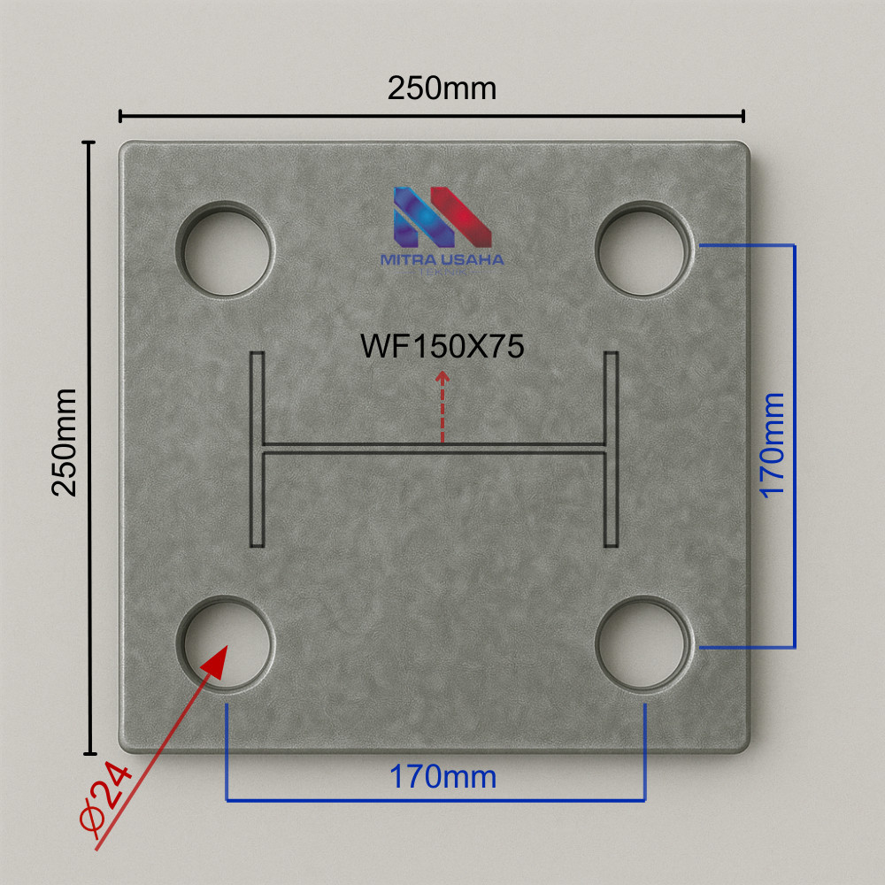 Jual Base Plate WF150X75 –Ukuran Plat 250X250, Lubang Ø24mm, Plat Besi ...
