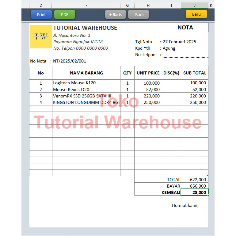 Jual Template Excel Nota Penjualan Semi Kasir Printer Thermal Auto ...