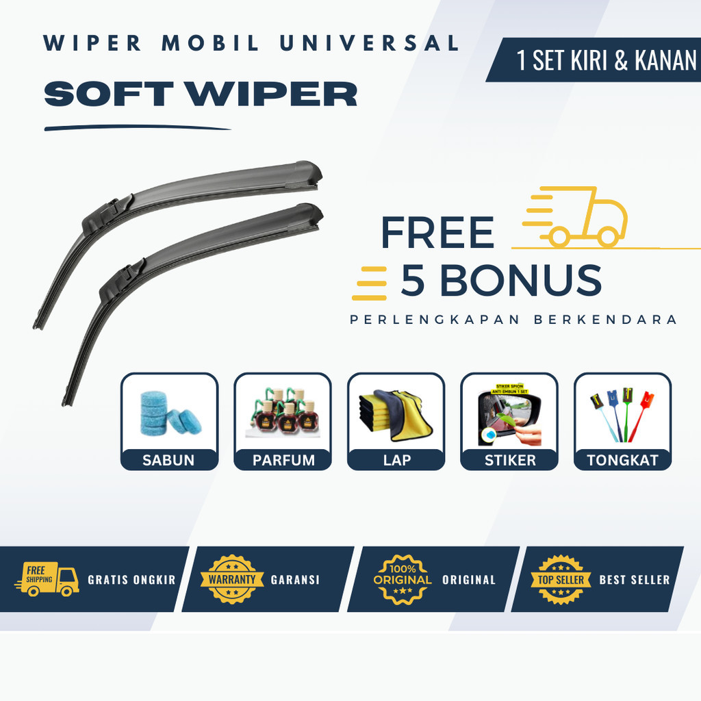 Jual [5 BONUS] Wiper Mobil Frameless Sepasang Kiri dan Kanan Tanpa Rangka Besi Model Soft Wiper ...