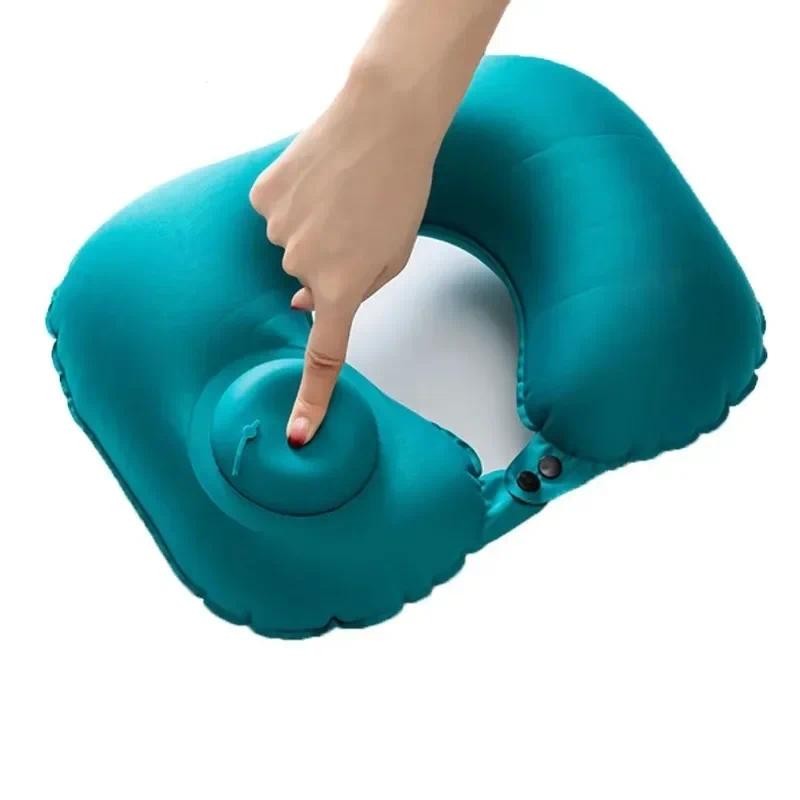 Jual Inflatable U-Shape Neck Pillow for Travel - Hands-Free Push Pump ...