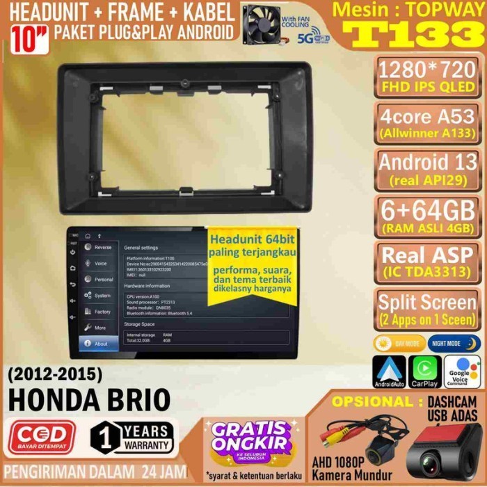 Jual Paket Headunit Android 10 inch + Frame + Soket PNP Honda Brio 2012 ...