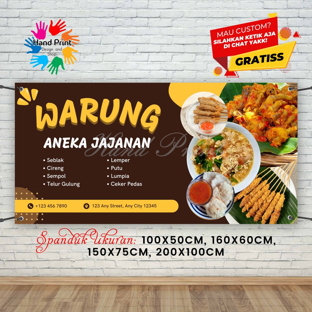 Jual Cetak Spanduk Banner Warung Aneka Jajan Kuning Coklat MMT Spanduk ...
