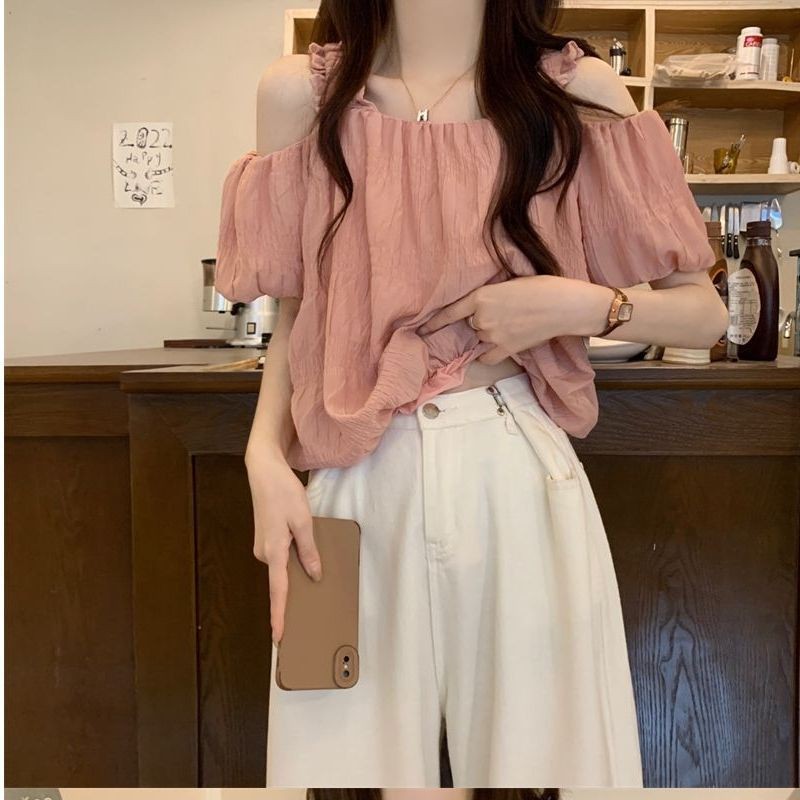 Jual Kemeja lengan pendek suspender bahu satu kata Prancis / rasa ...