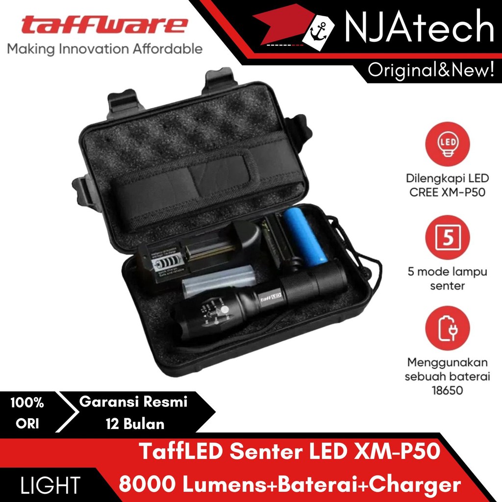 Jual TaffLED Paket Senter LED Cree XM-P50 8000 Lumens + Baterai 18650 ...