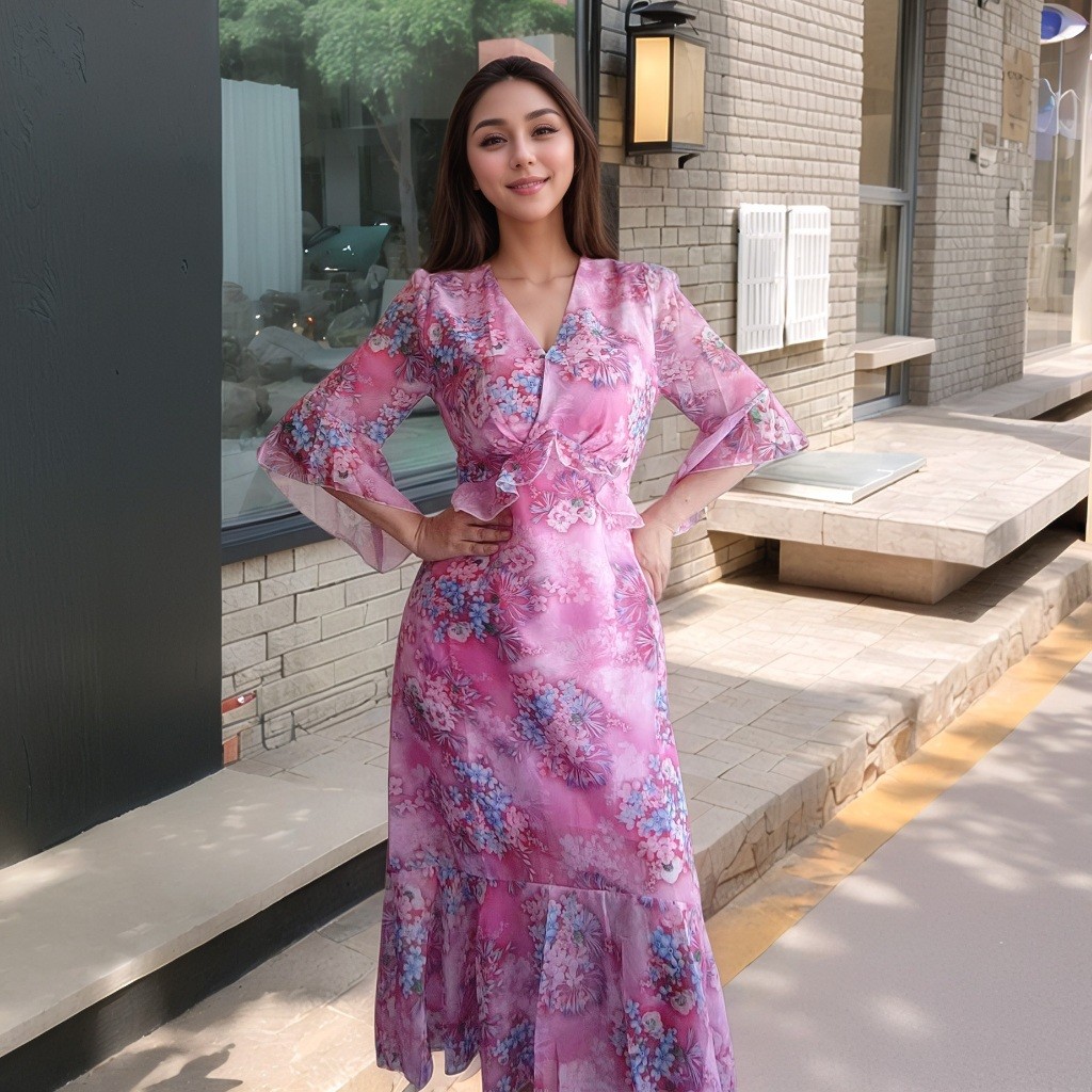 Jual FANMU Gaun sifon rok tidak beraturan lengan ruffle kerah V baru ...