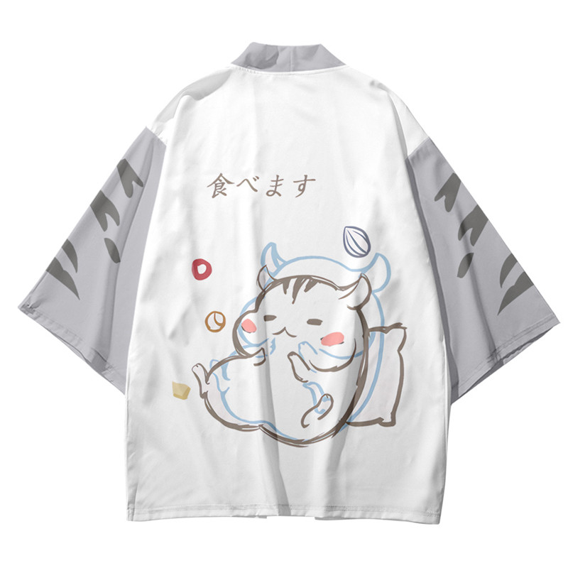 Jual Women Men Japanese Cartoon Kawaii Cute Cat Outer Gray White Kimono ...