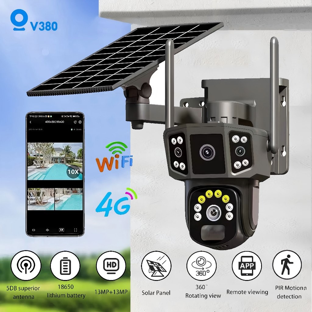 Jual 3 lensa-cctv Solar V380 pro Outdoor WiFi CCTV / 4G SIM Kamera 8MP ...