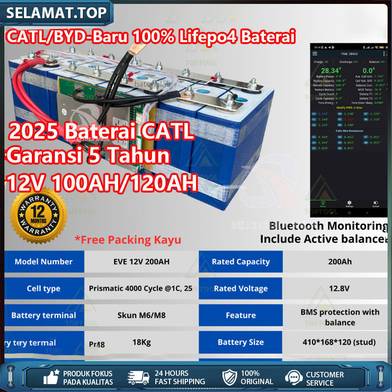 Jual CALB/CATL/BYD Baterai Lifepo4 EVE 12V 12.8V 200Ah /120AH Cycle Life 10000 Design Life 10 ...