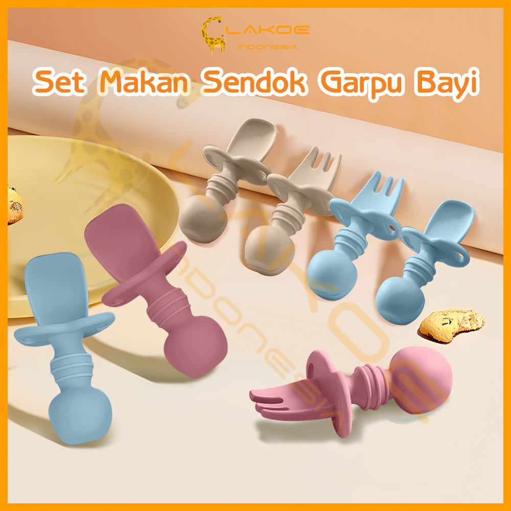 Jual LAKOE 2in1 Sendok Garpu Set Kartun Sendok Makan Bayi Silicone Baby ...