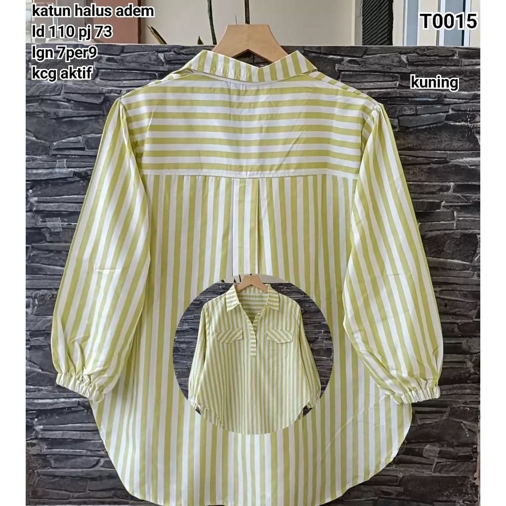 Jual T0015 Blouse kemeja salur | Shopee Indonesia
