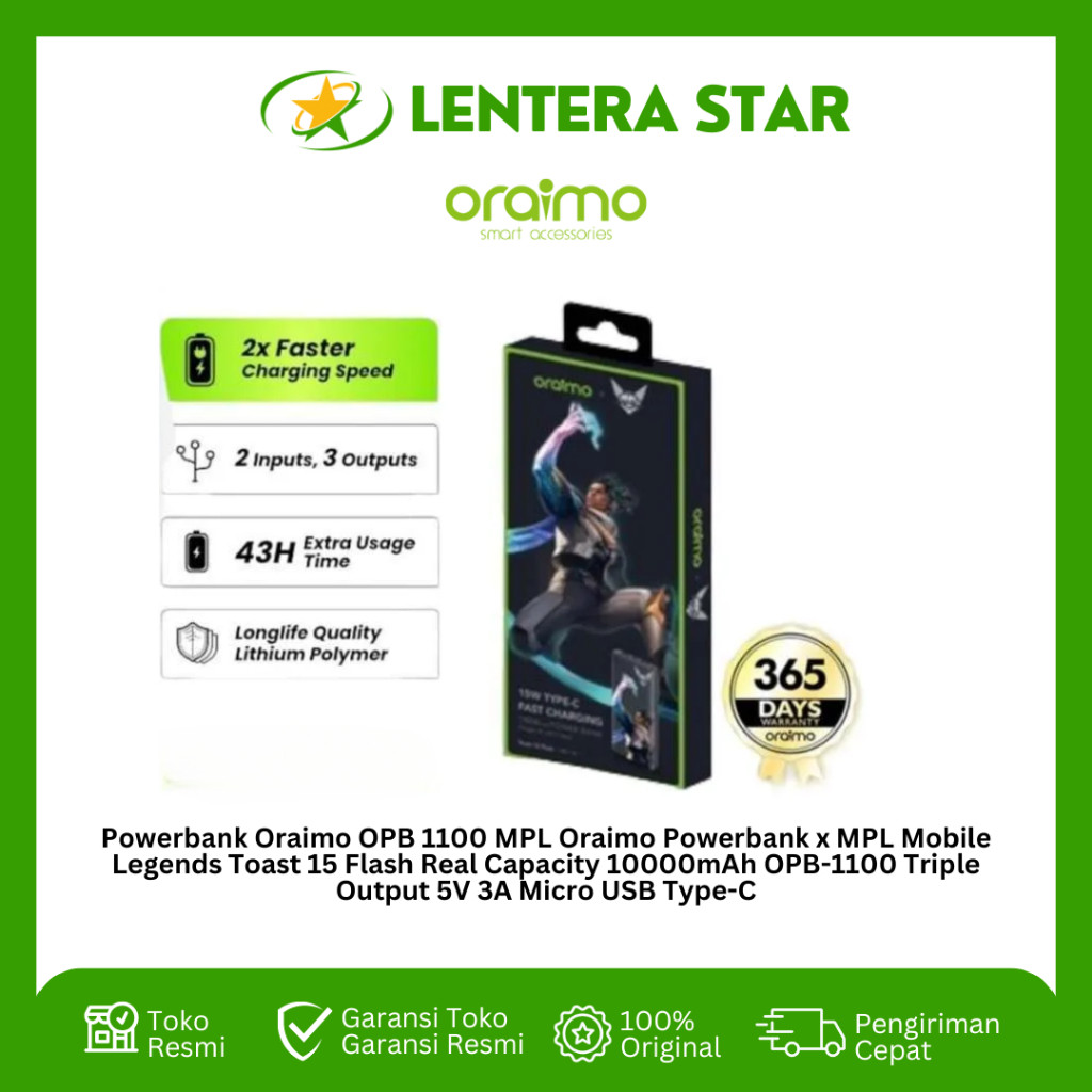 Jual Powerbank Oraimo OPB 1100 MPL x Mobile Legends Triple Output 5V 3A ...