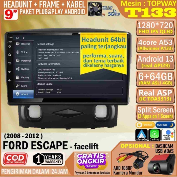 Jual Paket Headunit Android 9 inch + Frame + Soket PNP Ford Escape ...