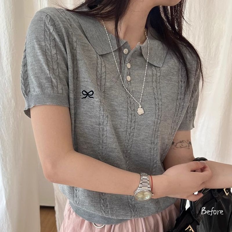 Jual Polo Knit Top Atasan Kaos Kerah Rajut Wanita Atasan Crop Lengan Pendek Rajut BF | Shopee ...