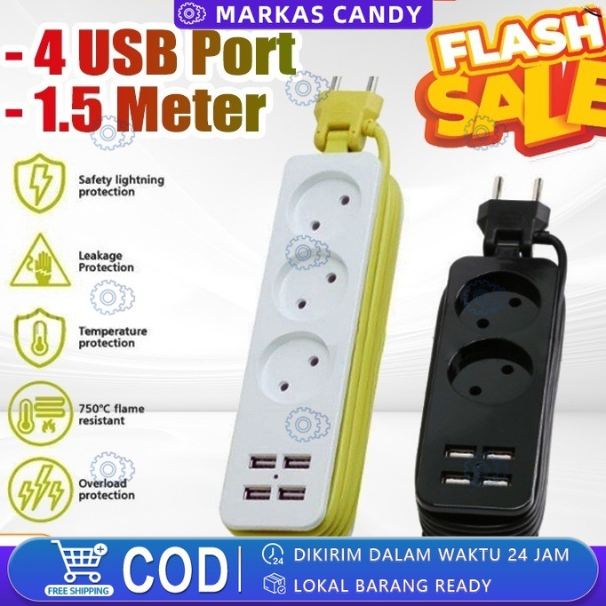 Jual Portable Stop Kontak Travel - 4 USB Port - Kabel 1,5 Meter Colokan Listrik Traveling Stop ...