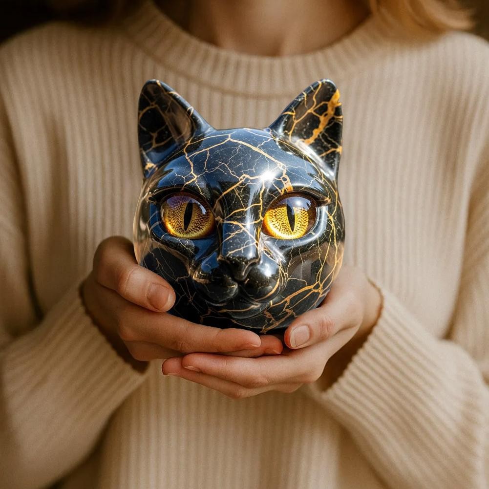 Jual Cat Stone Sculpture Cat Head Figurine with Amber Eyes Smooth ...