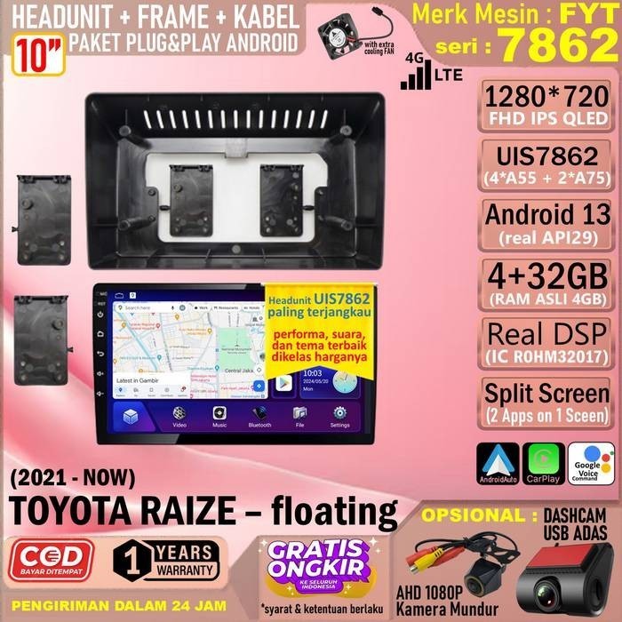 Jual Paket Headunit Android 10 inch + Frame + Soket PNP Toyota Raize ...