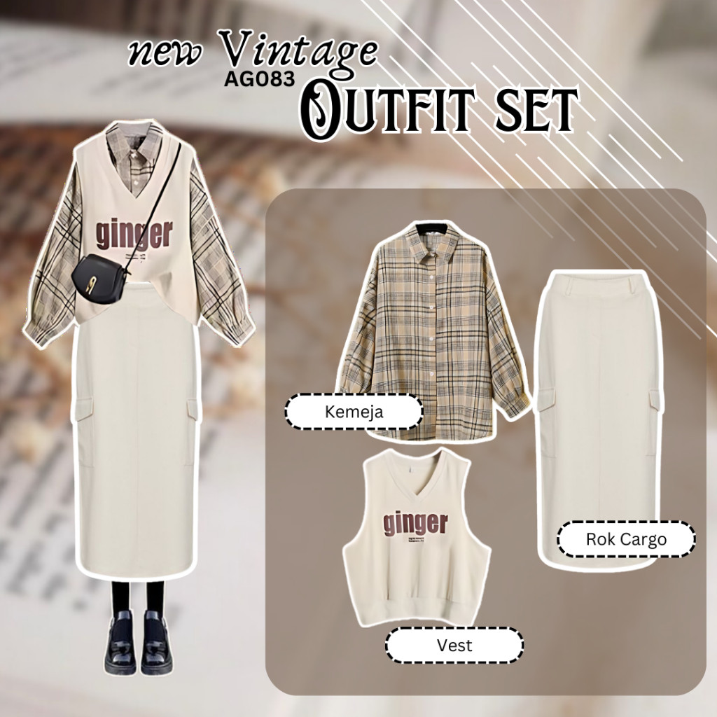 Jual dazzel 3in1 Outfit Set Korean Style One Set Wanita Kemeja Kotak ...