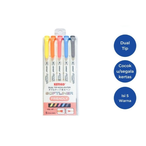 Jual KENKO Dual Tip Highlighter HSL-6F Softliner 5 Warna Friendly | Shopee Indonesia