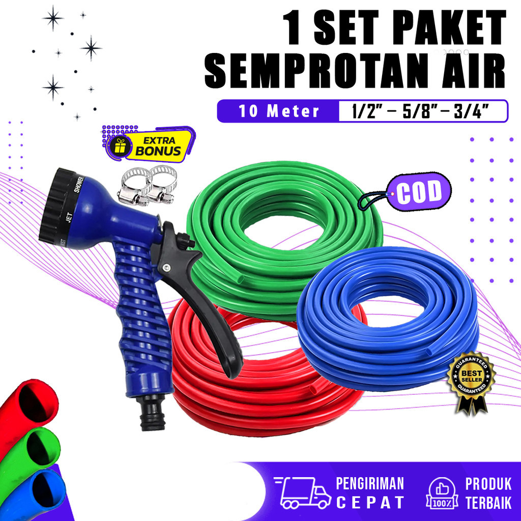 Jual A1 SEPAKET SATU PAKET SEMPROTAN SELANG AIR ELASTIS DOP 1/2 5/8 3/4 INCH 10 METER 1 ROL JET ...
