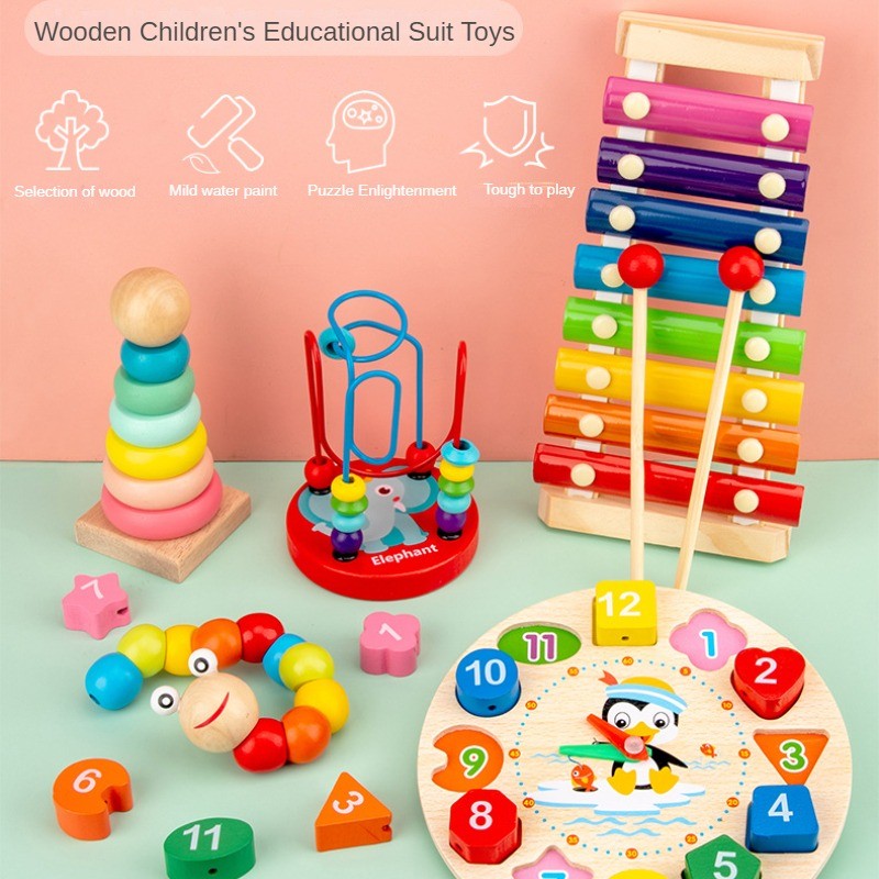 Jual Montessori Wooden Toy with Xylophone Bell Beads Drum Column ...