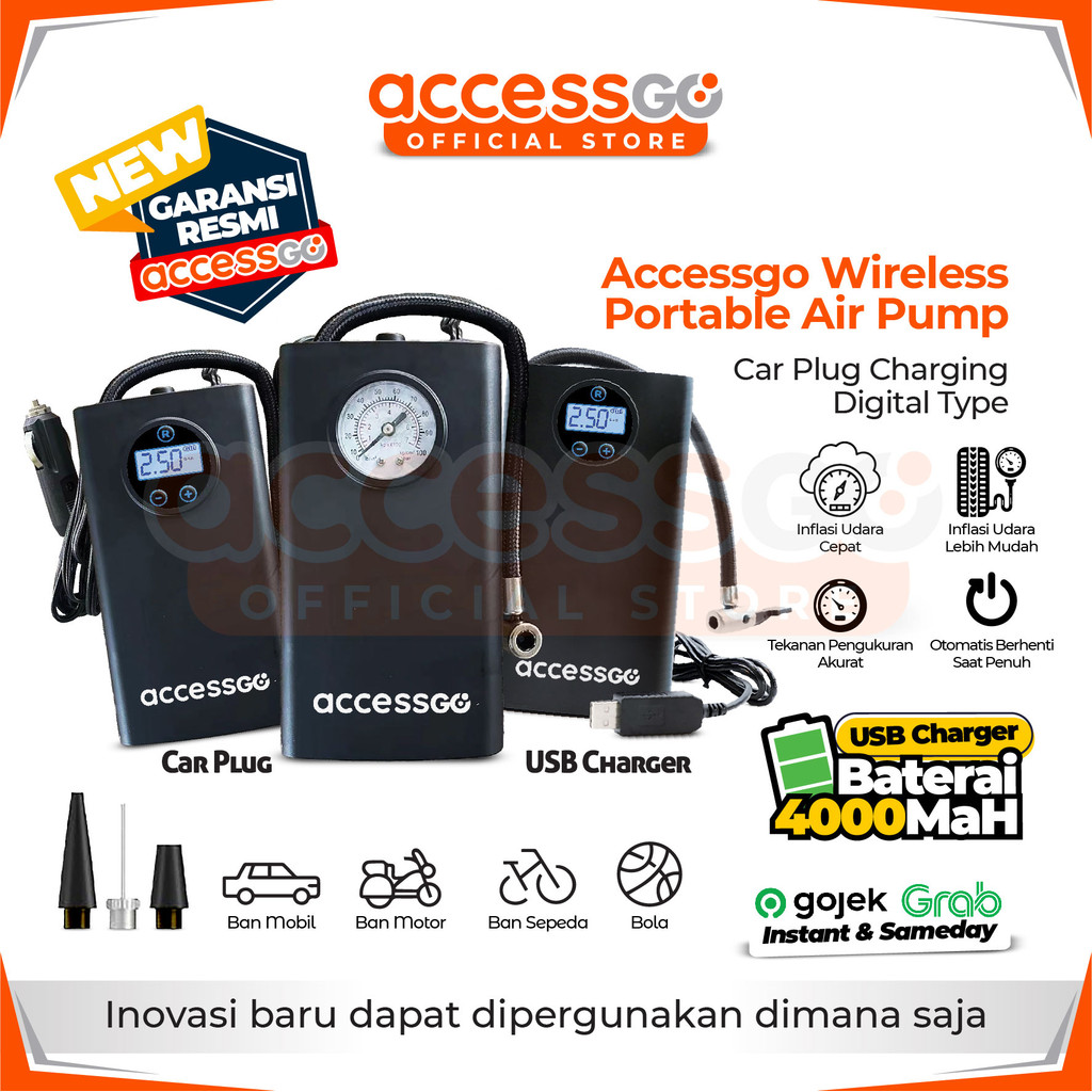 Jual Accessgo Pompa Ban Elektrik Udara Portable Air Pump Automatic Stop ...