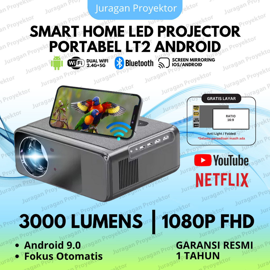 Jual Smart LED Proyektor LT2 Android 9.0 Wifi 3000 Lumens | Proyektor ...