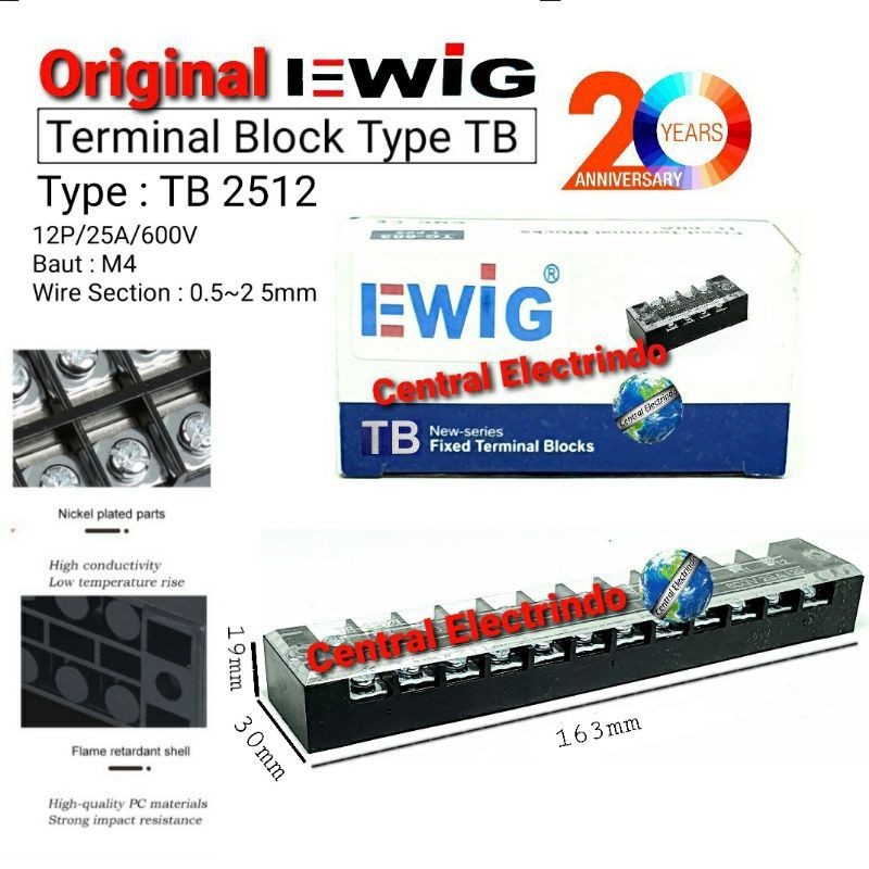 Jual Terminal Block Blok 25A 12P (TB 2512) EWIG. | Shopee Indonesia