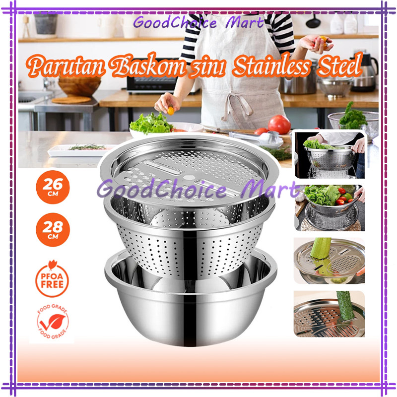 Jual Baskom Parut Stainless Serbaguna / Baskom Parutan Saringan 3 in 1 ...