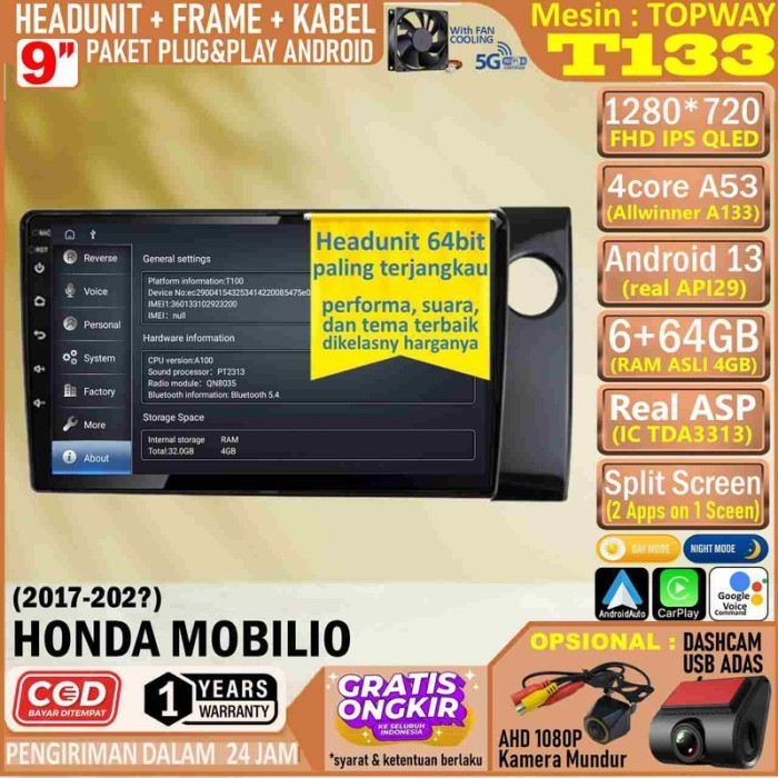 Jual Paket Headunit Android 9 inch + Frame + Soket PNP Honda Mobilio ...