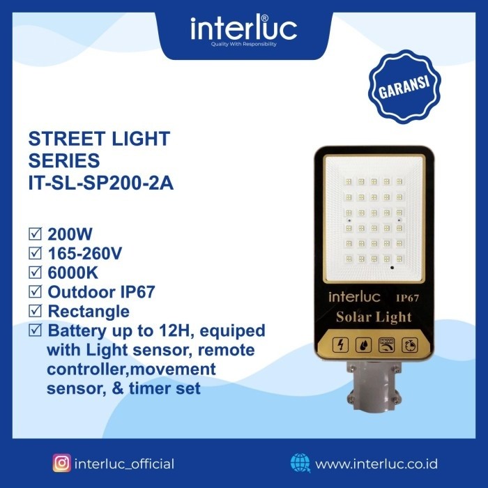 Jual Lampu Jalan LED PJU Solar Panel Cell Interluc 200 Watt 200Watt 200 ...