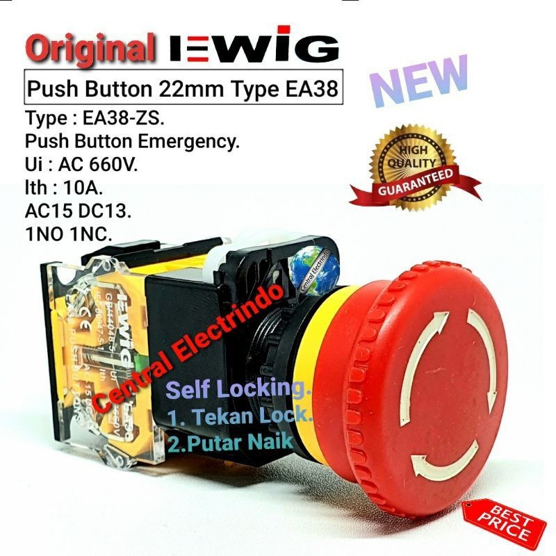 Jual Push Button Emergency Stop EWIG EA38-11ZS Self Locking 22mm 10A ...