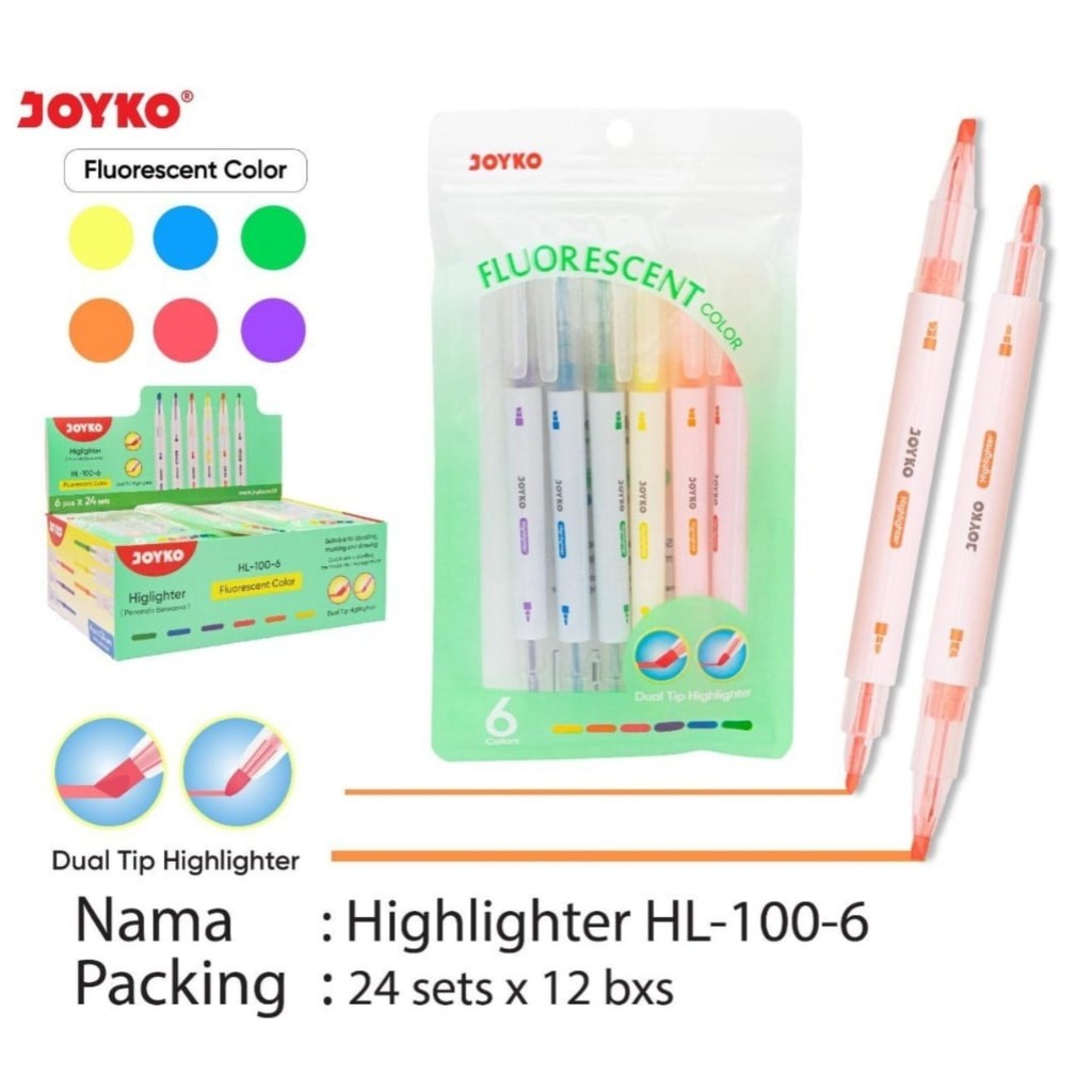 Jual Highlighter Joyko HL-100-6 Sachet Soft Tip HL1006 | Shopee Indonesia