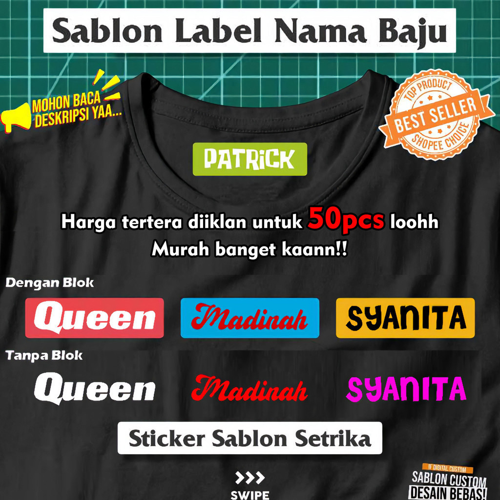 Jual Sticker Nama Label Printing Isi 50 Pcs Untuk di Kain / Kaos Sablon ...