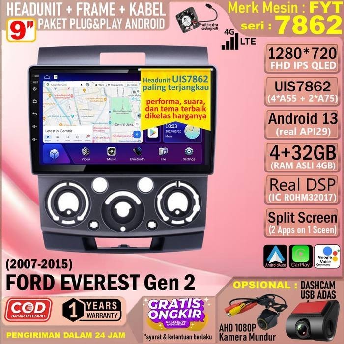 Jual Paket Headunit Android 9 inch + Frame + Soket PNP Ford Everest Gen 2 FYT 7862 UIS7862 ...