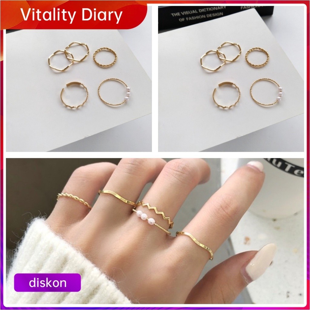 Jual 5pcs/set cincin titanium wanita korea 1 set cincin mutiara geometris gaya korea cincin ...