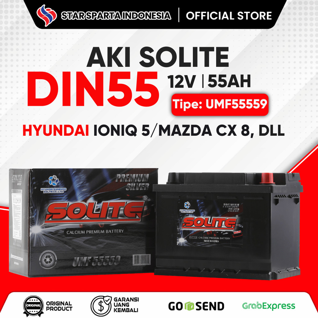 Jual Solite - Aki DIN55 - 12V 55Ah untuk Hyundai Ioniq 5 / Mazda CX 8 ...