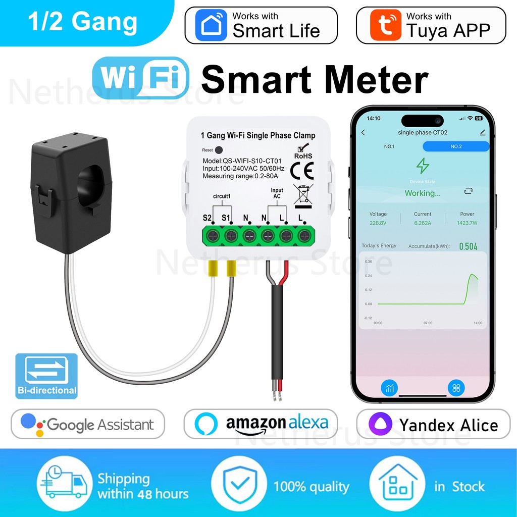 Jual Tuya Smart Life WiFi Digital Energy Meter 80A with CT Clamp Sensor ...