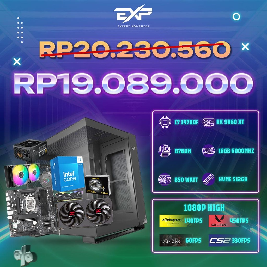 Jual EXP PC Gaming | i7 14700F | RX 9060 XT 16GB | 16GB | Wi-Fi | PC ...
