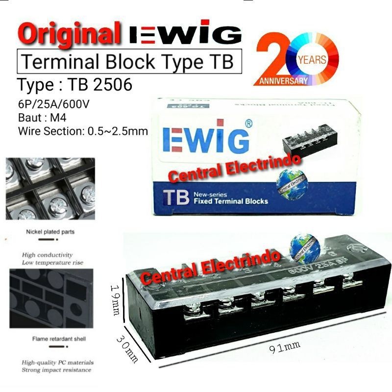 Jual Terminal Block Blok 25A 6P (TB 2506) EWIG. | Shopee Indonesia