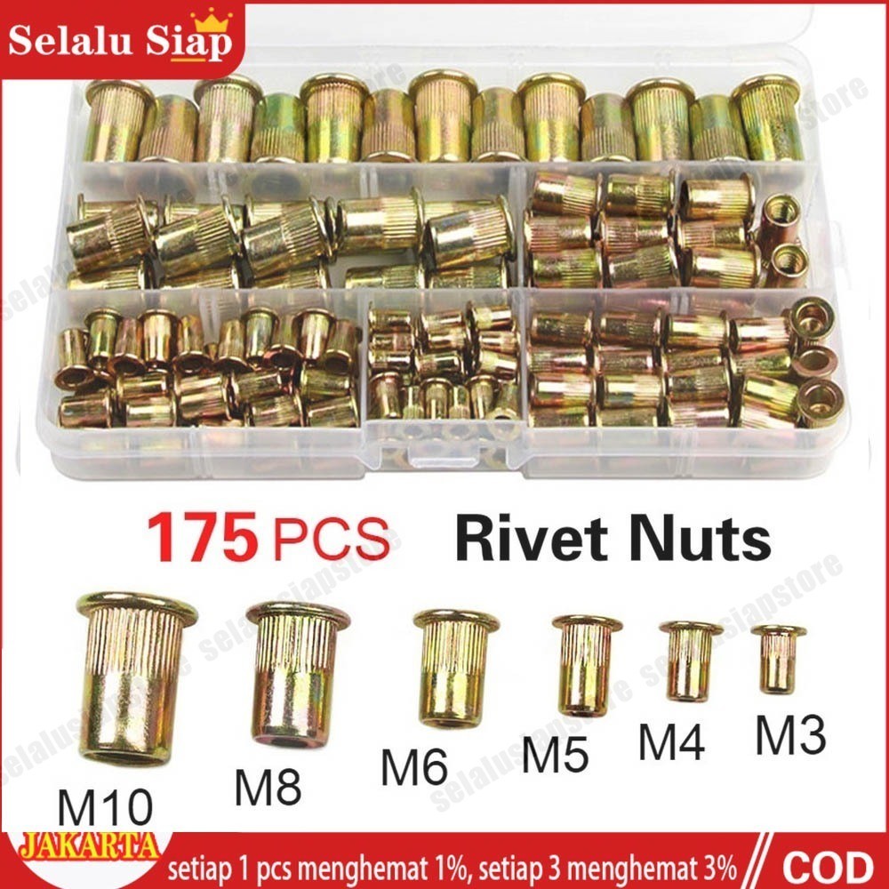 Jual 175PCS Rivet Nut mur tanam / rivnut / mur furniture knockdown / Kuning Besi Carbon Steel ...