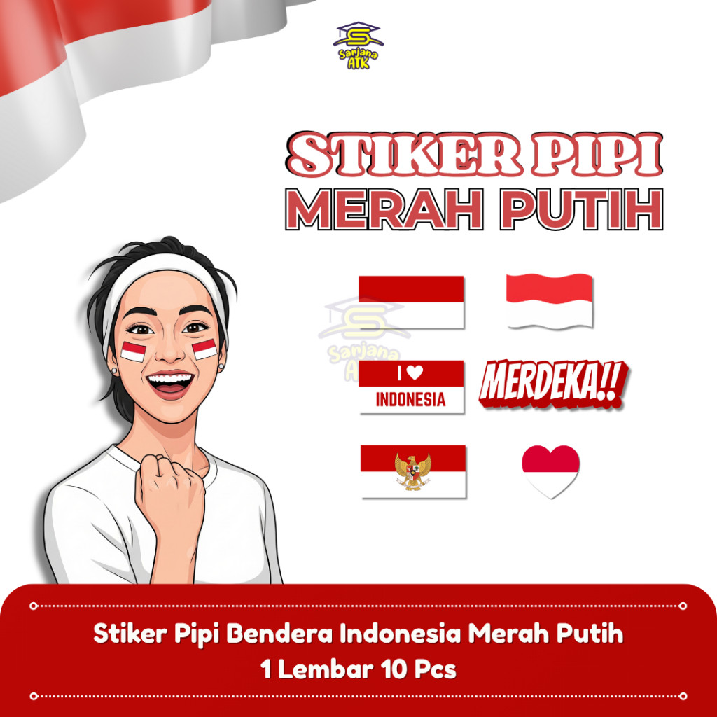 Jual (1 Lembar isi 10 pcs) Stiker Pipi Bendera Indonesia Merah Putih ...