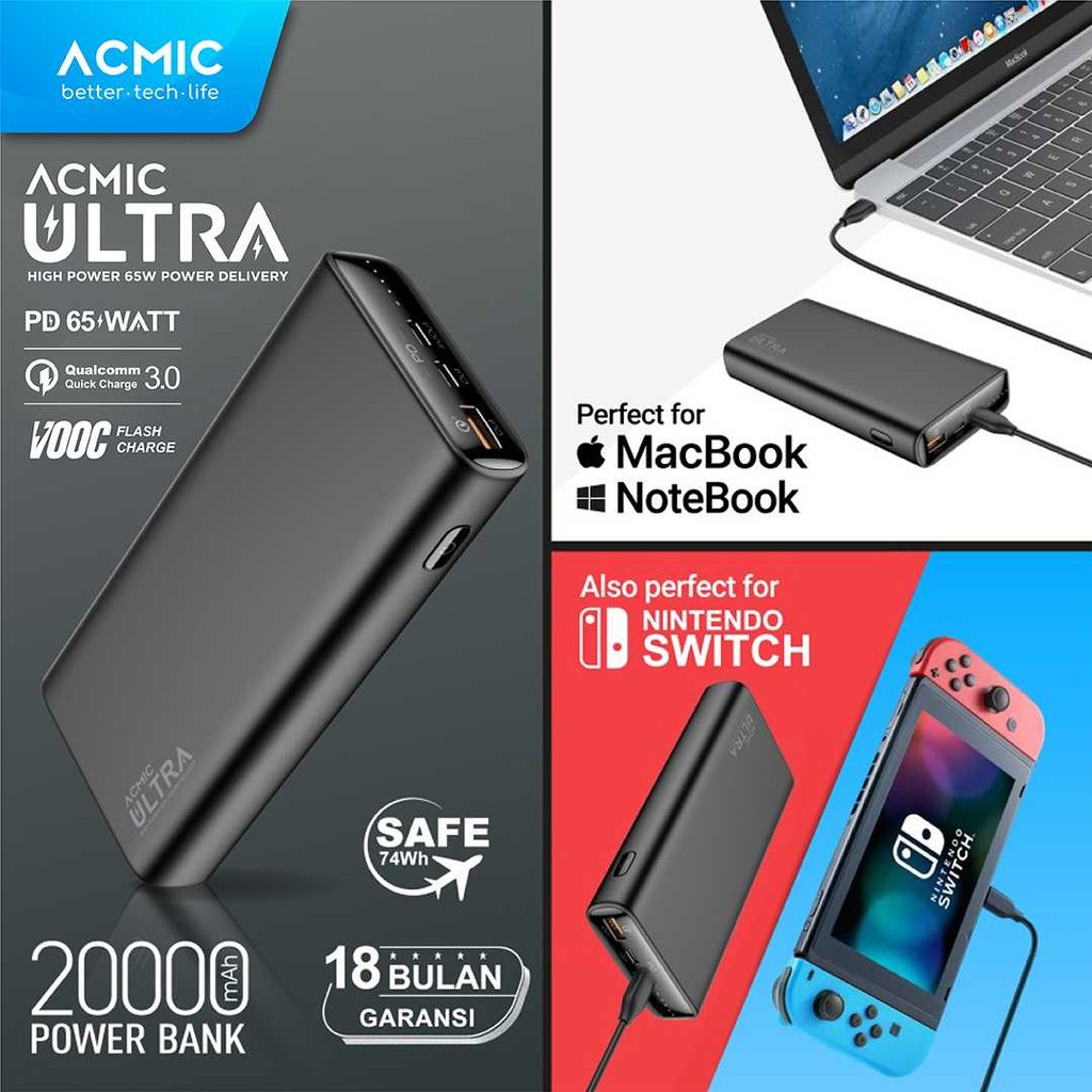 Jual ACMIC ULTRA 65W PD 20000mAh PowerBank Laptop MacBook Nintendo ...