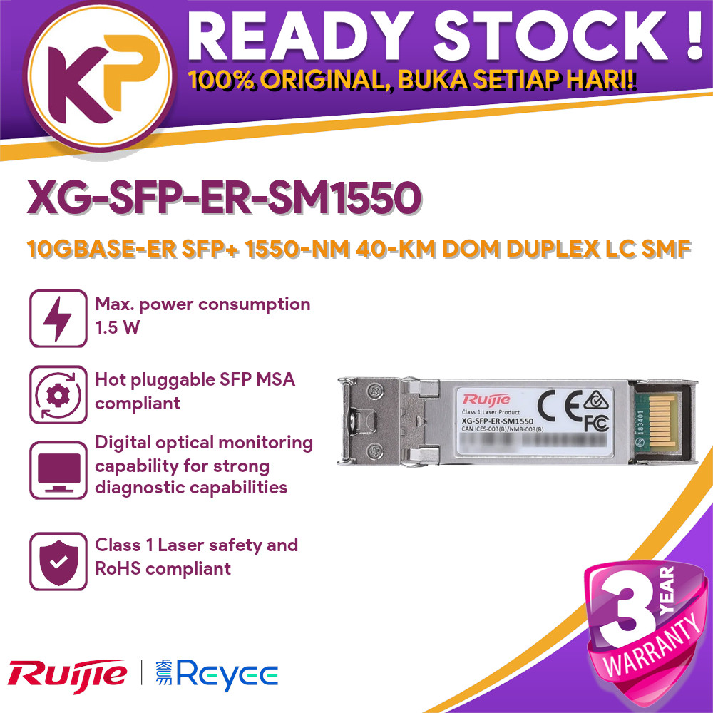 Jual RUIJIE REYEE XG-SFP-ER-SM1550 10GBASE-ER SFP+ 1550-NM 40-KM DOM DUPLEX LC SMF OPTICAL ...