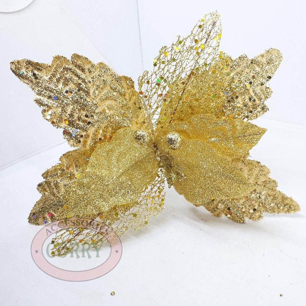 Jual Bunga Tusuk Tancap Pohon Natal Emas Merah Biru muda tosca pink ...