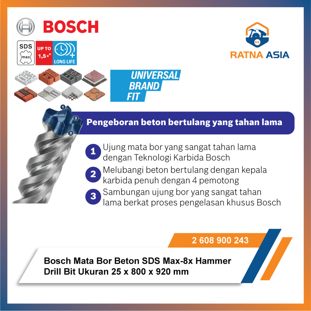 Jual Bosch Mata Bor Beton SDS Max-8x Hammer Drill Bit Ukuran 25 x 800 x ...
