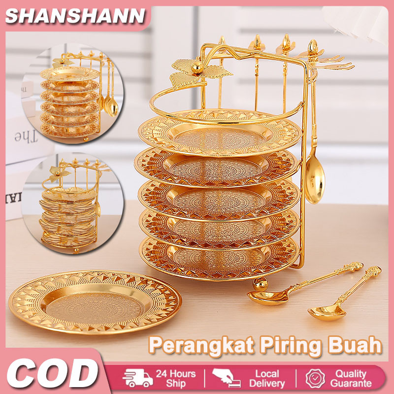 Jual 6PCS/SET Piring Set Dengan Dudukan / Piring Dessert Hias Saji Emas ...