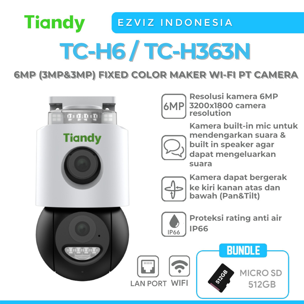Jual TIANDY TC-H6 / TC-H363N 6MP (3MP&3MP) FIXED COLOR MAKER WI-FI PAN TILT CAMERA FREE MICRO SD ...